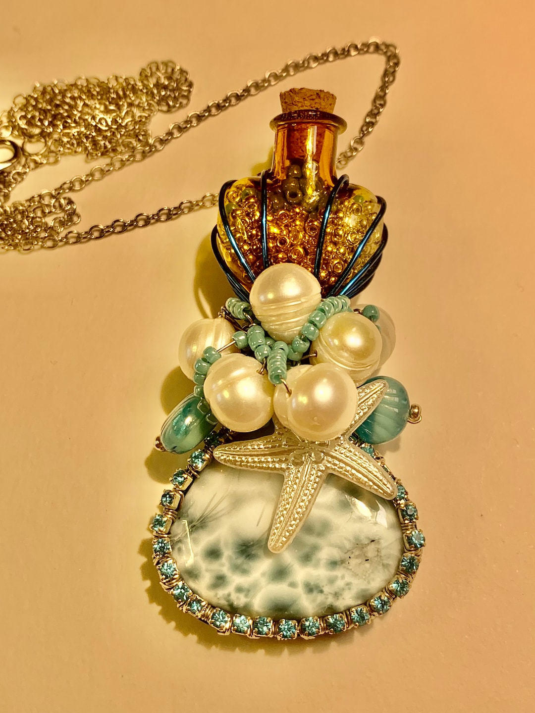 A Mermaid Amulet Necklace | Larimar, Real Pearls, Memory Bottle and ...