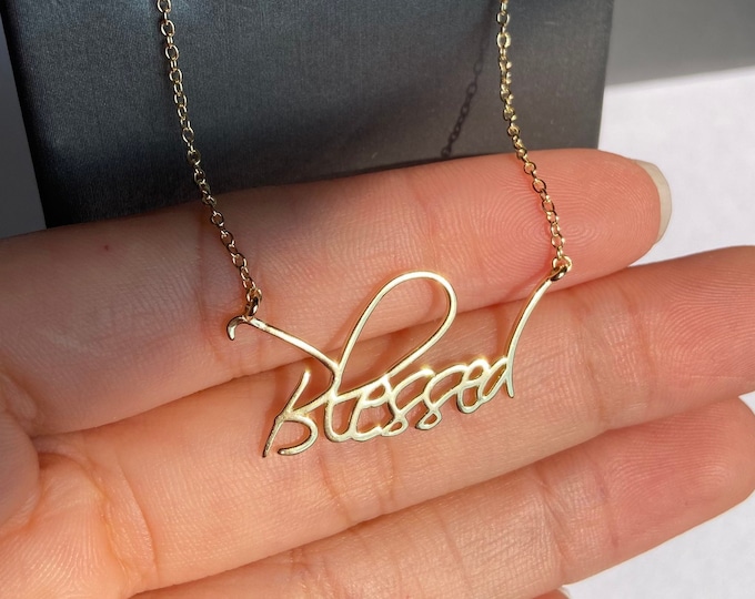 Silver Blessed Necklace, Script Blessed Charm Necklace, Uplifting ...