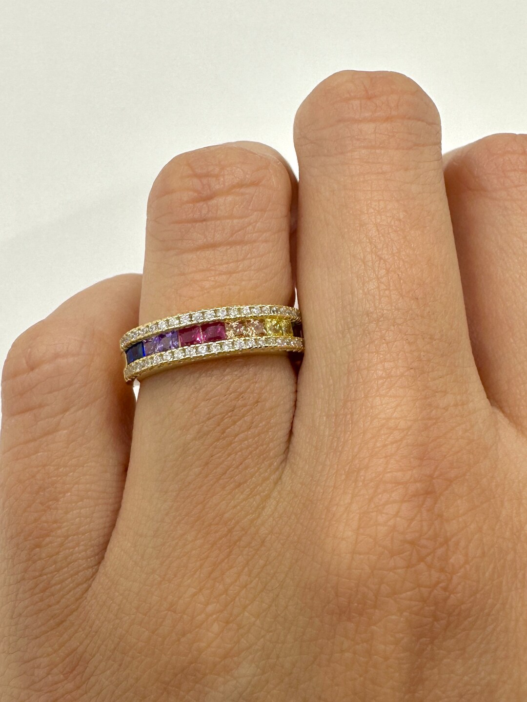 14K Rainbow Ring Over Silver, Multi-color Ring, Colorful Stone Band ...