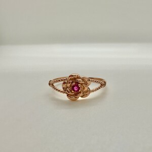 14K Ruby Rose Ring Vintage Style, Rose Gold Blooming Rose Flower Ring ...
