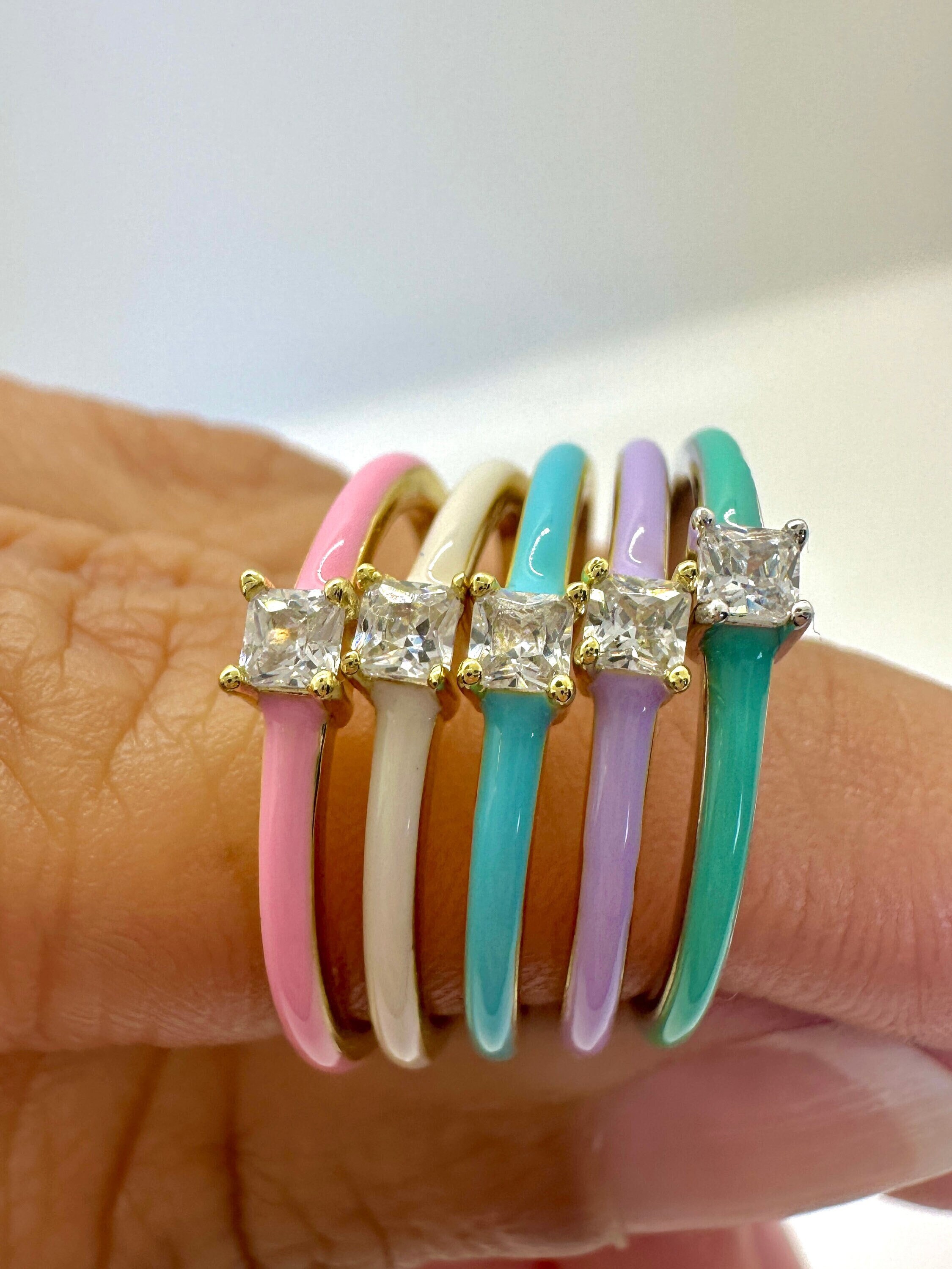 Blue Enamel Sterling Silver Stacking Ring: Princess Cut CZ - Etsy