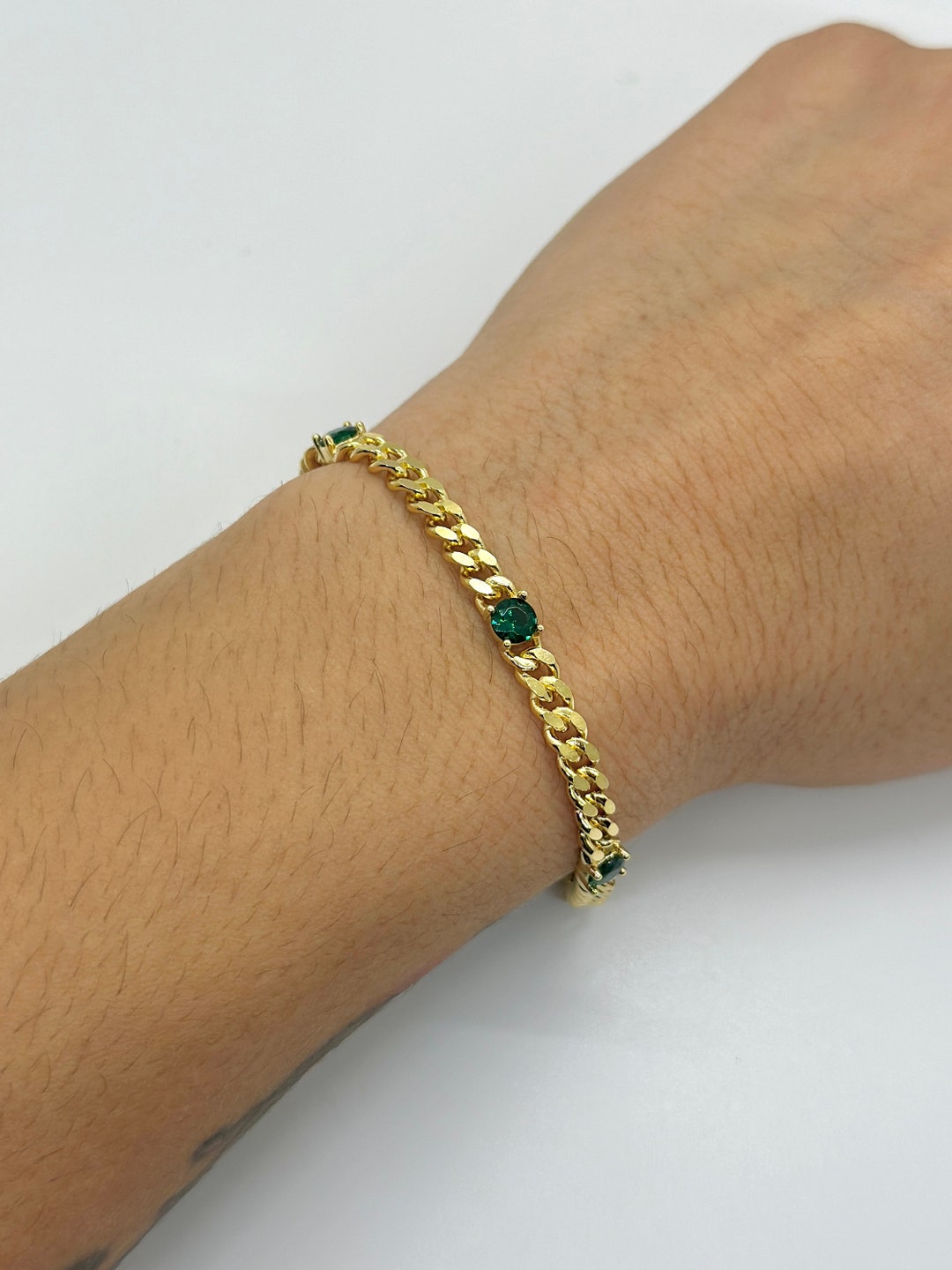 Miami Cuban Bracelet, Three Stone Cuban Bracelet, Emerald CZ Bracelet ...