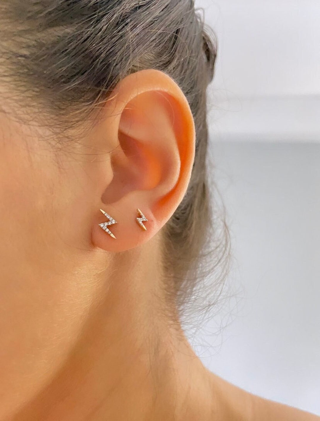 14K Lightning Bolt Diamond Earrings, Gold Bolt Studs, Gold Thunderbolt ...