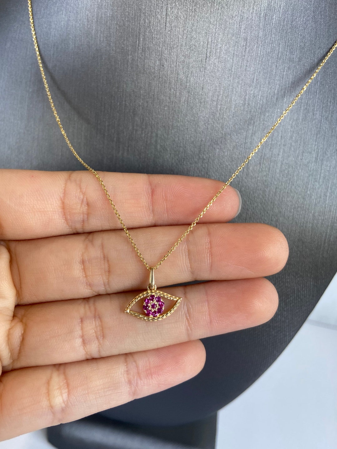 14K Pink Evil Eye Charm, Ocular Amulet Necklace, Protection Jewelry ...