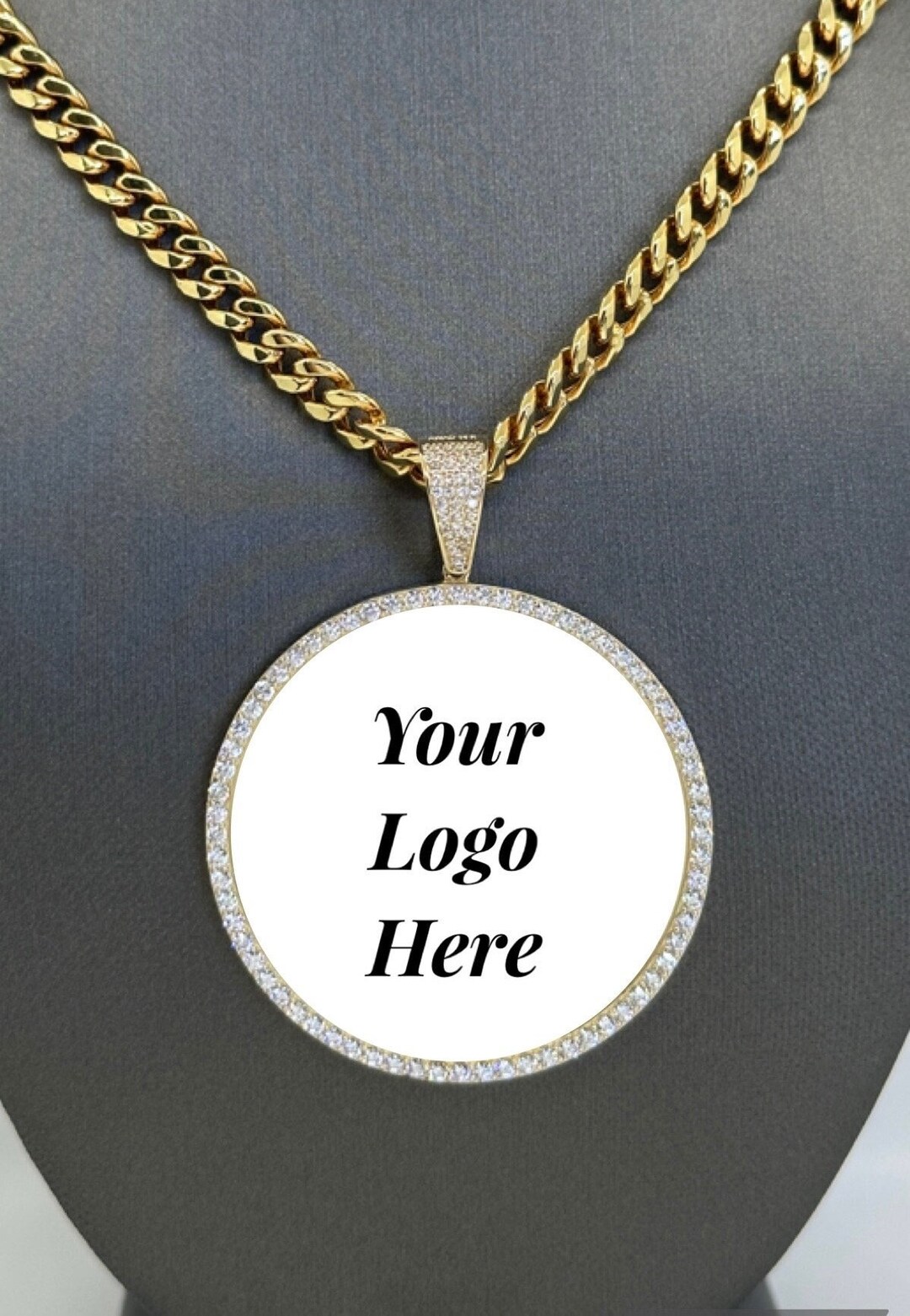 14K Gold Logo Pendant, Custom Photo Charm, Cubic Zirconia Bezel - Etsy