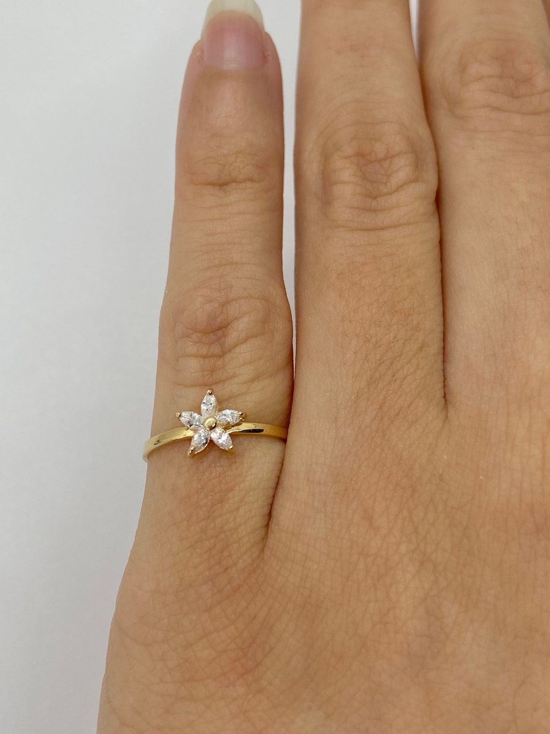 14K Dainty Marquise Flower Pinky Ring for Women, White Stone Floral ...