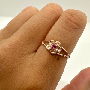 14K Ruby Rose Ring Vintage Style, Rose Gold Blooming Rose Flower Ring ...