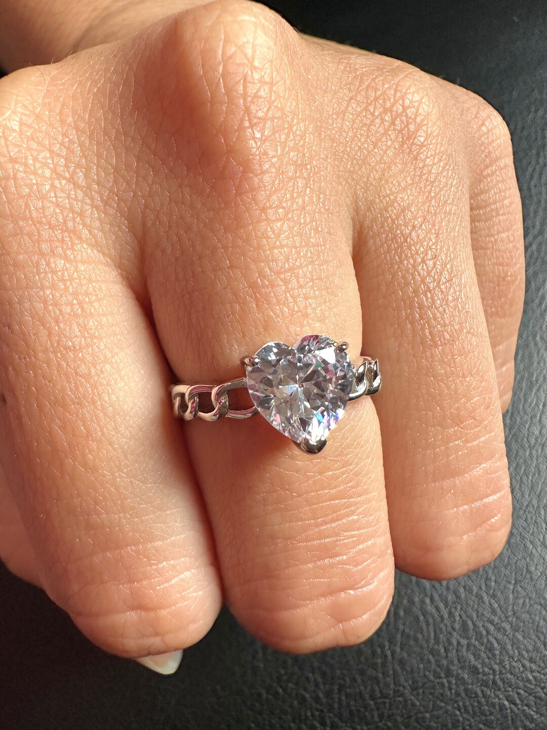 Heart Solitaire Ring, Chain Link Ring, Heart Center Stone Chain Ring, Statement Ring, Large ...