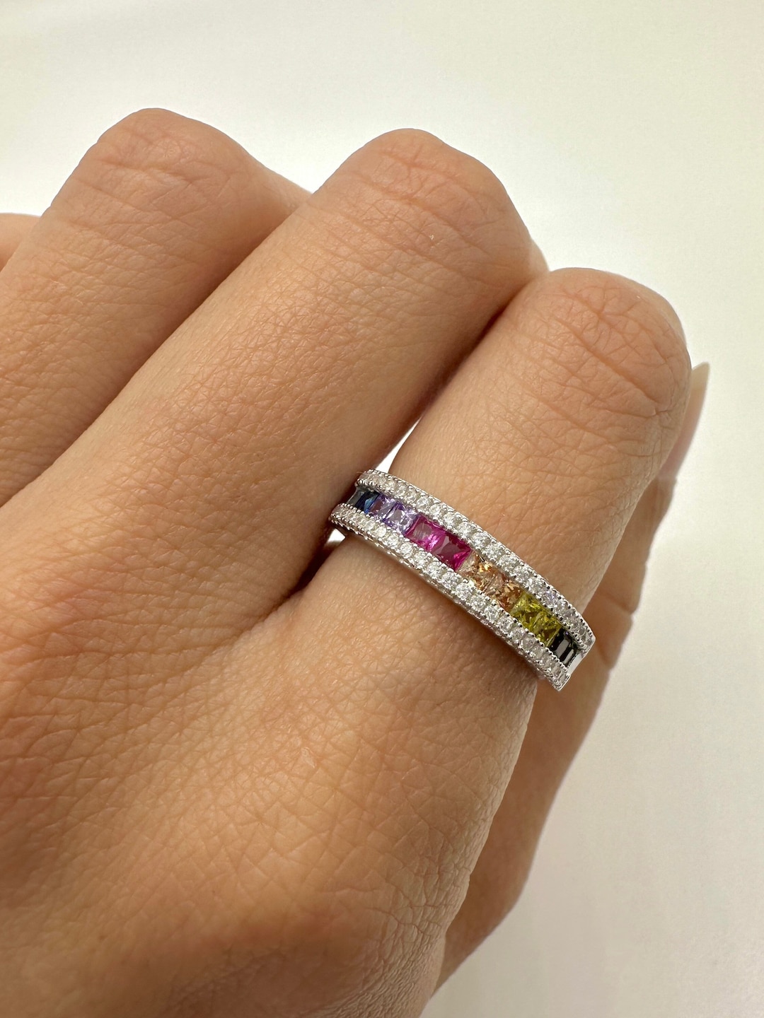 Silver Rainbow Band, Multi-color Ring, Colorful Stone Band, Multi-stone ...