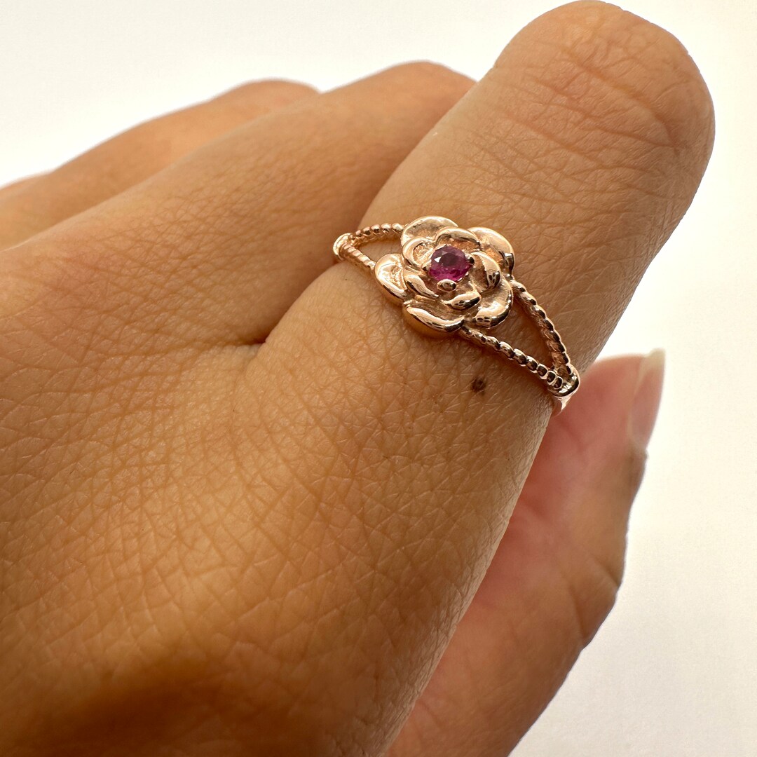 14K Ruby Rose Ring Vintage Style, Rose Gold Blooming Rose Flower Ring ...