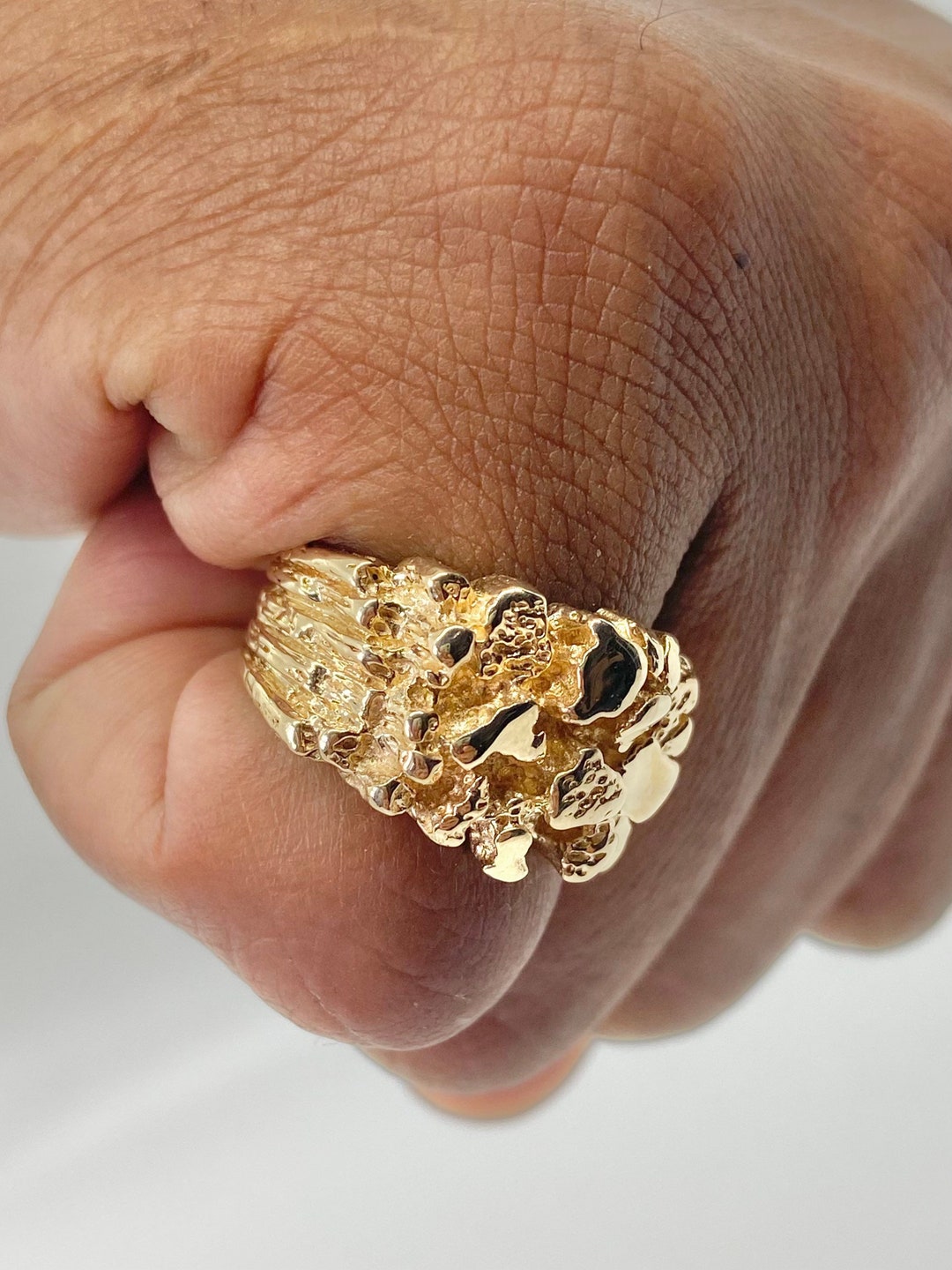 14K Solid Textured Nugget Ring, Bold Mens Nugget Ring, Statement Ring ...