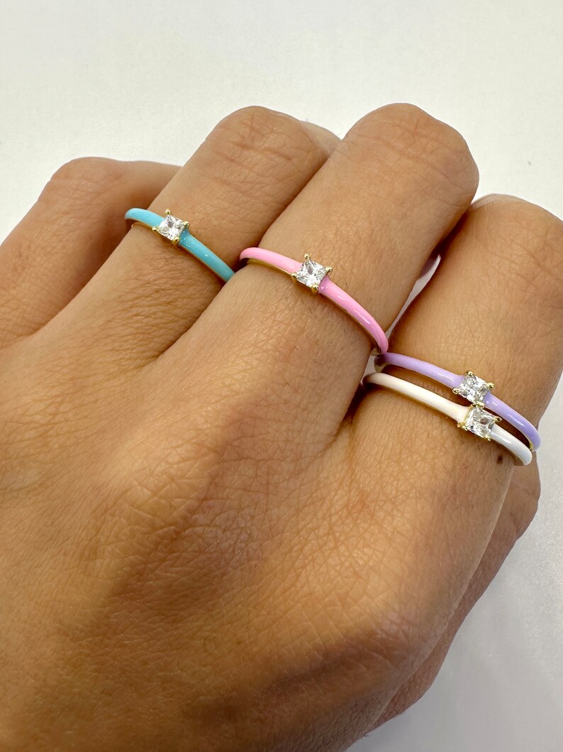 Blue Enamel Sterling Silver Stacking Ring: Princess Cut CZ - Etsy