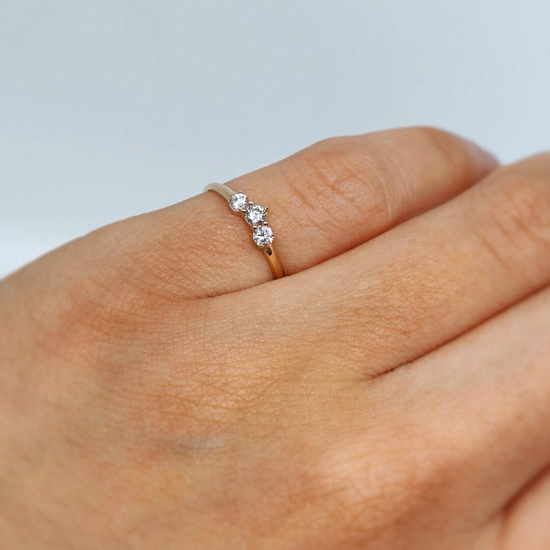 Petite 14K Three Stone Ring, Dainty Gold Pinky Ring, 14K Gold Ring for ...