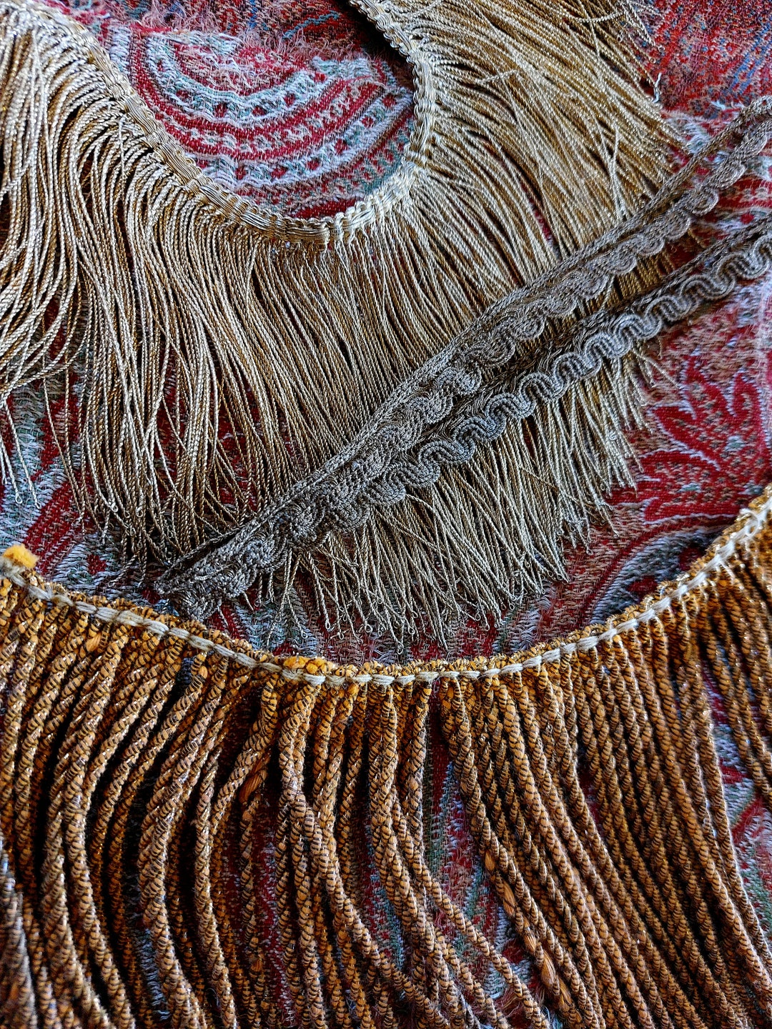 Antique Woven Paisley, Metallic Fringing Salvage Pack-1800s Wool ...