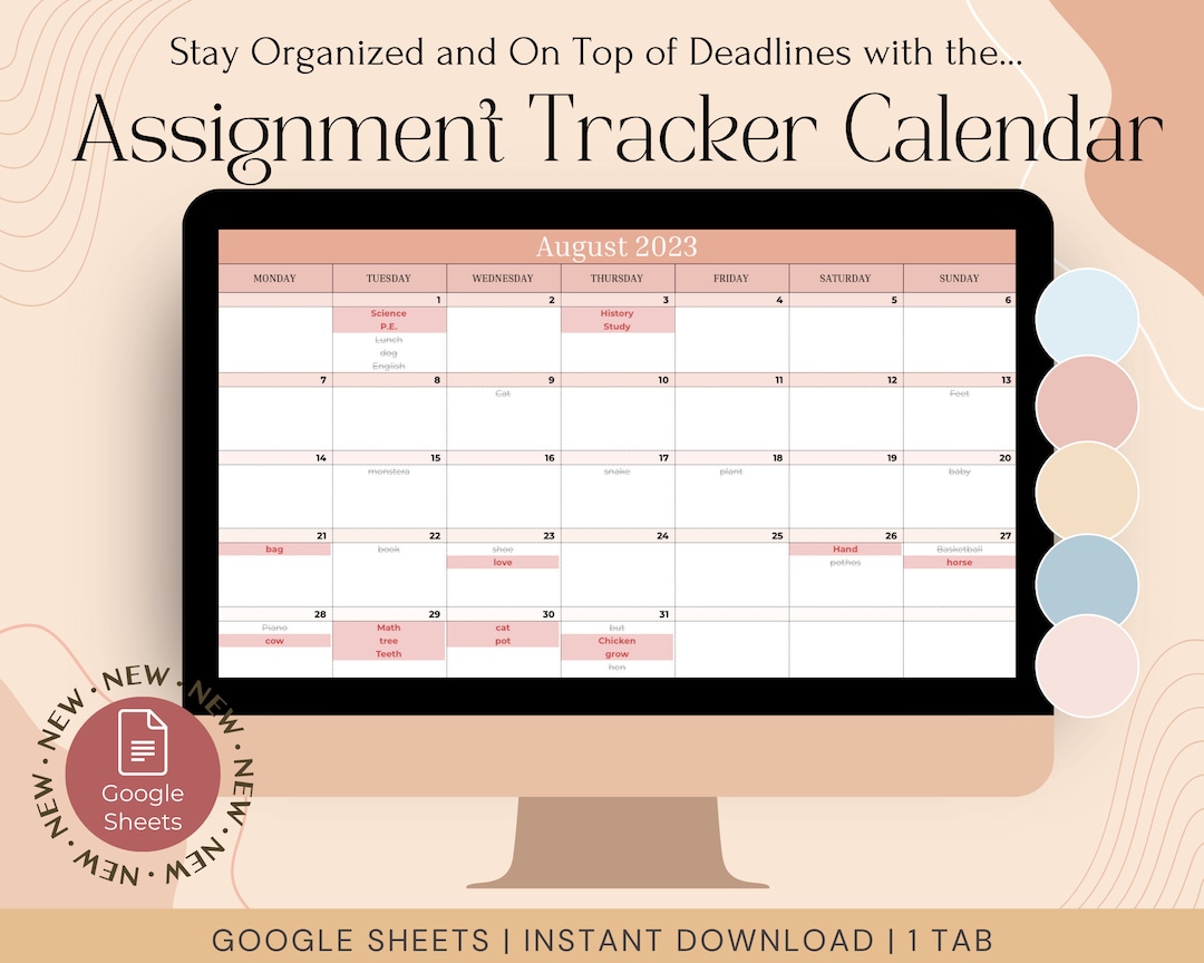 Assignment Tracker Calendar, Googlesheets, Student Digital Assignment ...