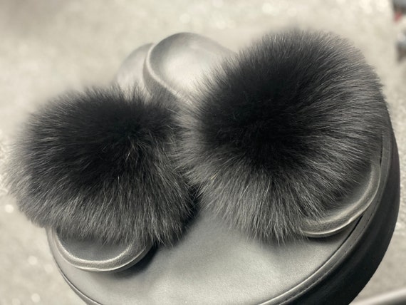 Black Fur Slides | Etsy