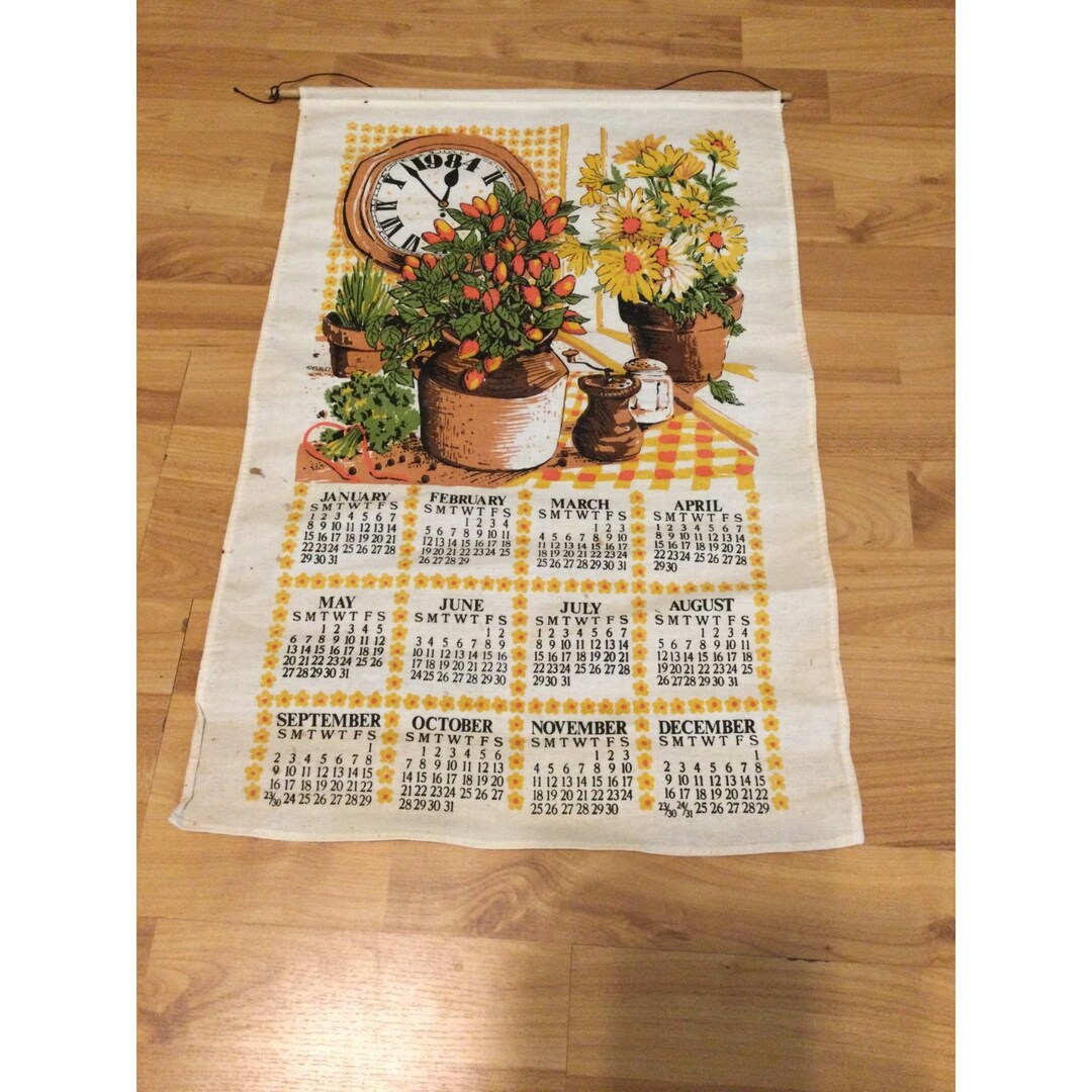 Vintage Fabric Wall Calendar 1984 Flowers Plants Clock Cottagecore Salt ...