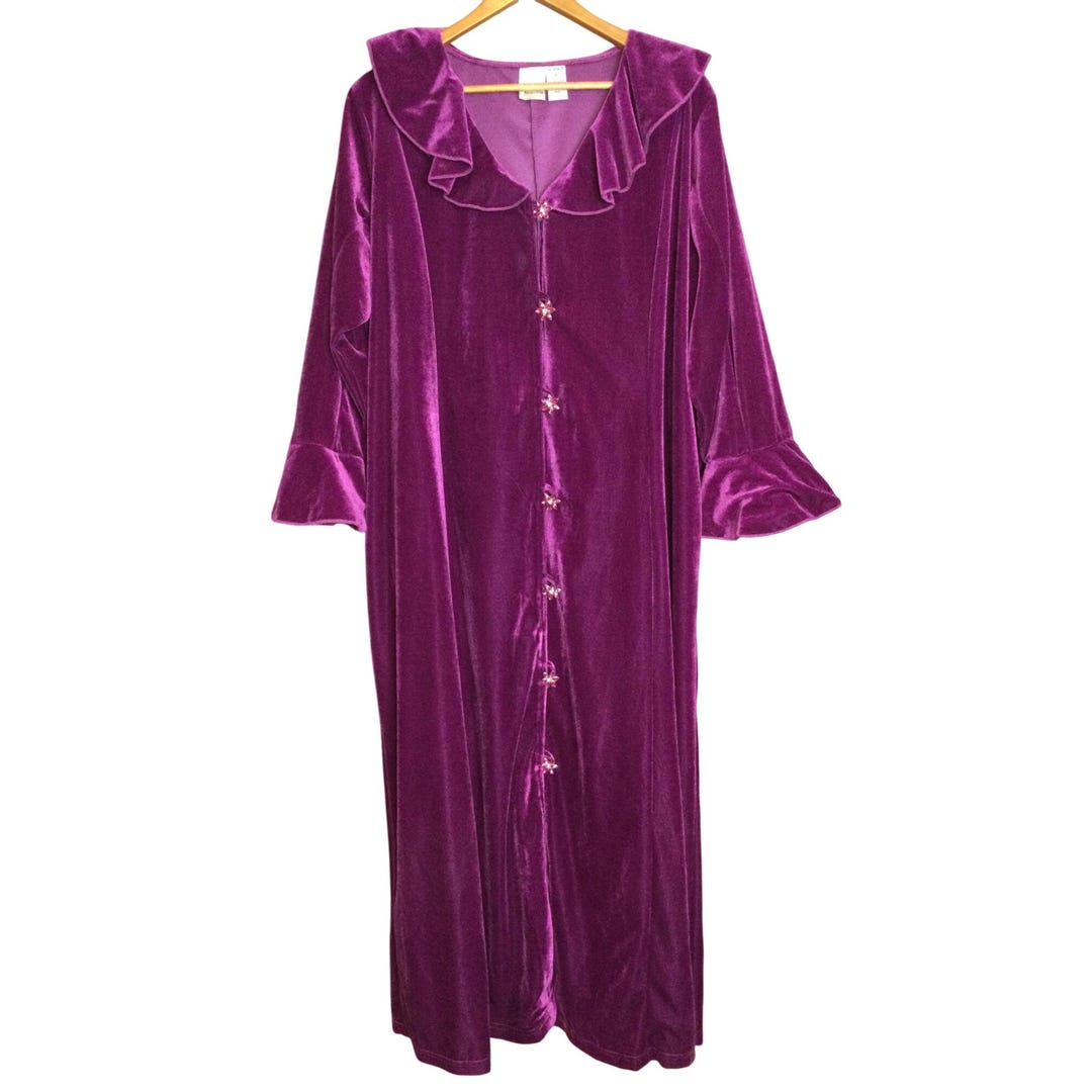 Vintage Purple Velvet Robe Long Ruffle Collar & Floral Jeweled Buttons ...