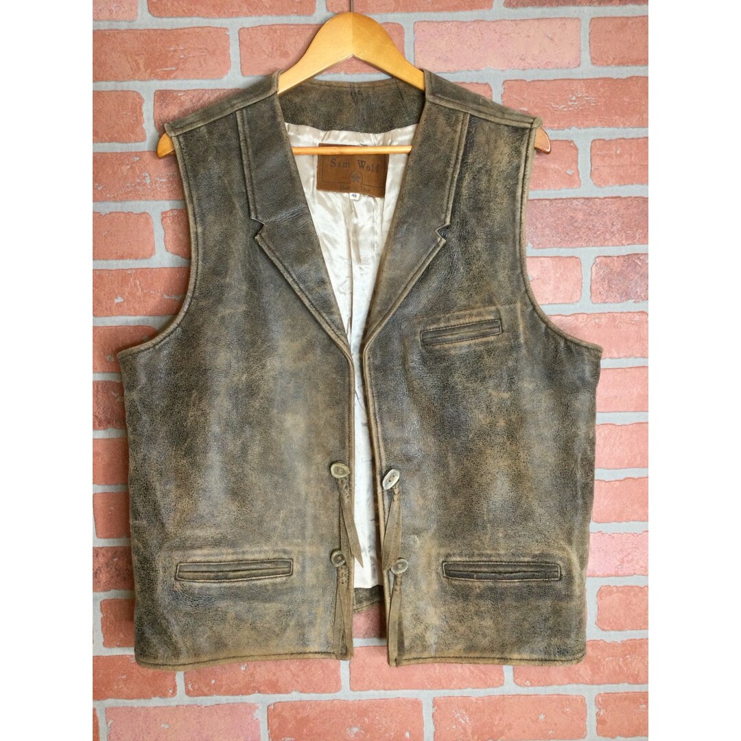 Sam Wolf Men's Western Leather Vest V Neck Sleeveless Pockets Brown ...