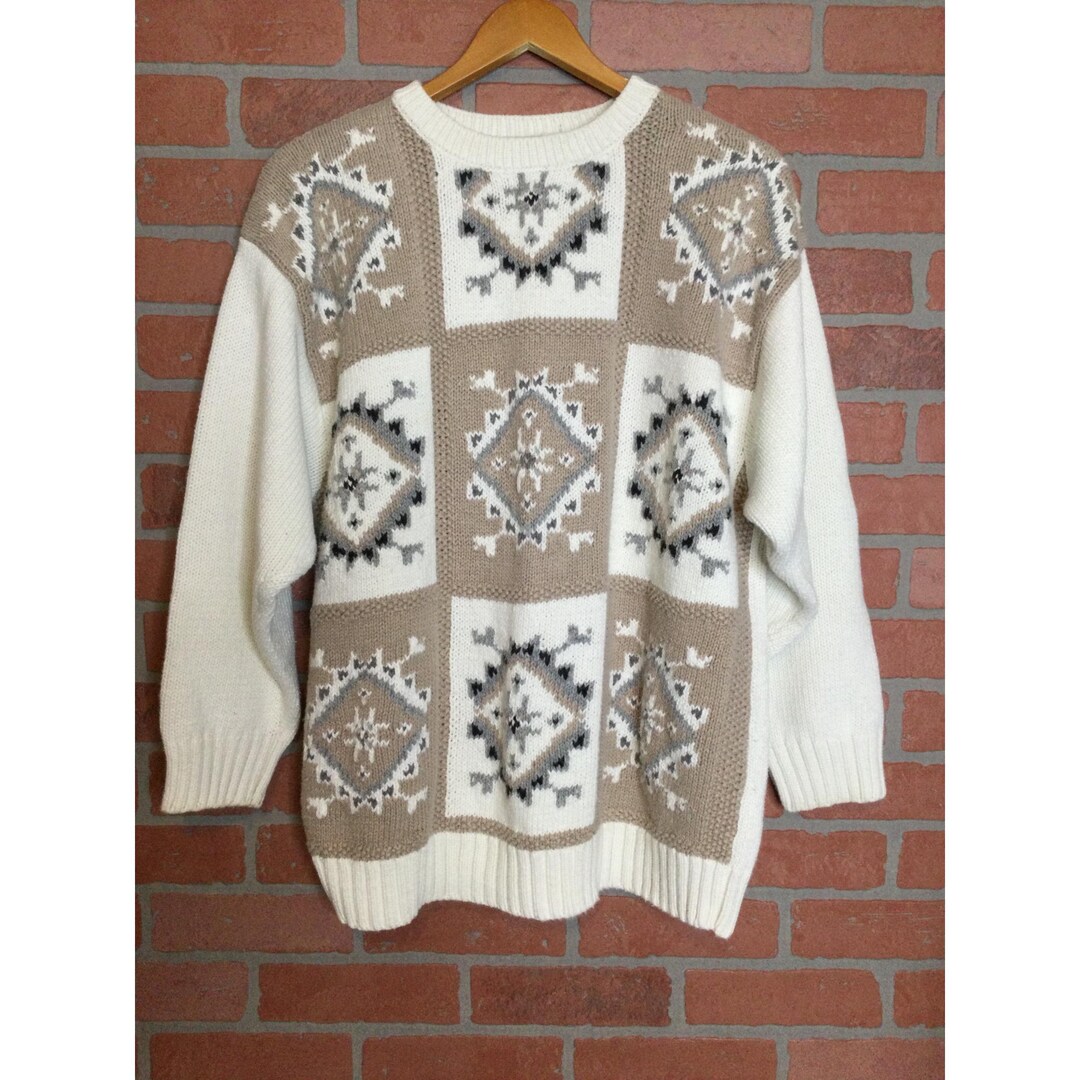 Vintage Geometric Snowflake Knit Sweater Pullover Patchwork Blocks L - Etsy