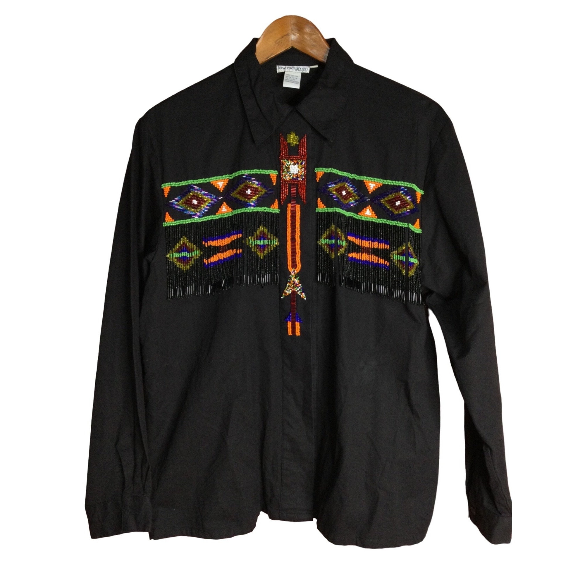 Vtg Lew Magram New York Western Shirt Beaded Fringe Button-up Top Size ...