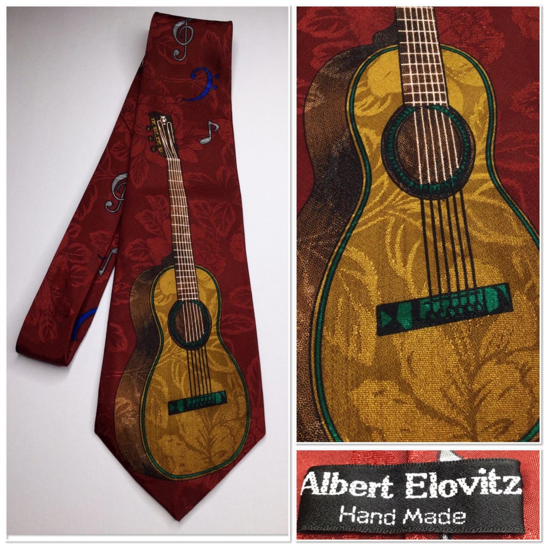 Vintage Albert Elovitz Hand Made Tie Guitar & Musical Notes Pattern Red ...