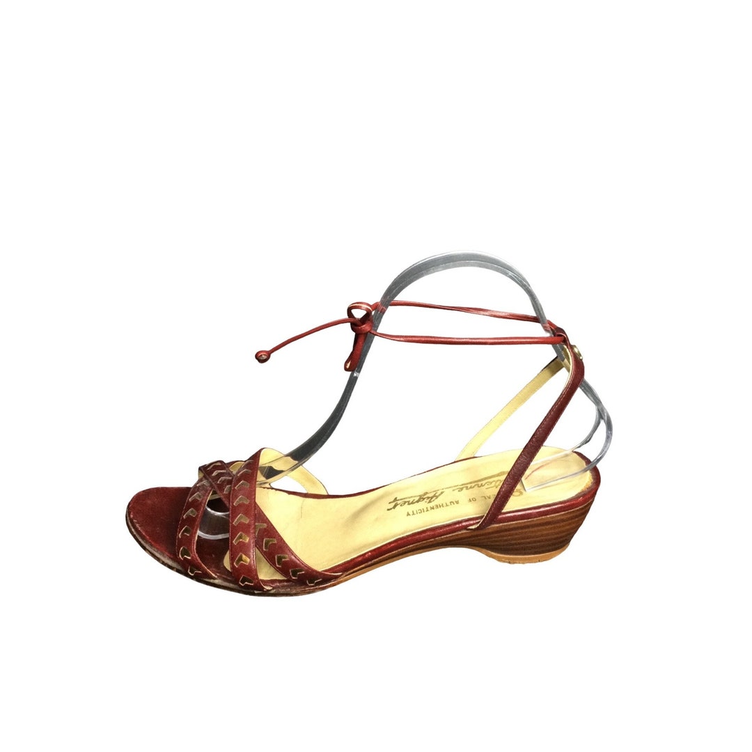 Vintage Etienne Aigner Strappy Sandals Adjustable Tie Ankle Strap Brown ...