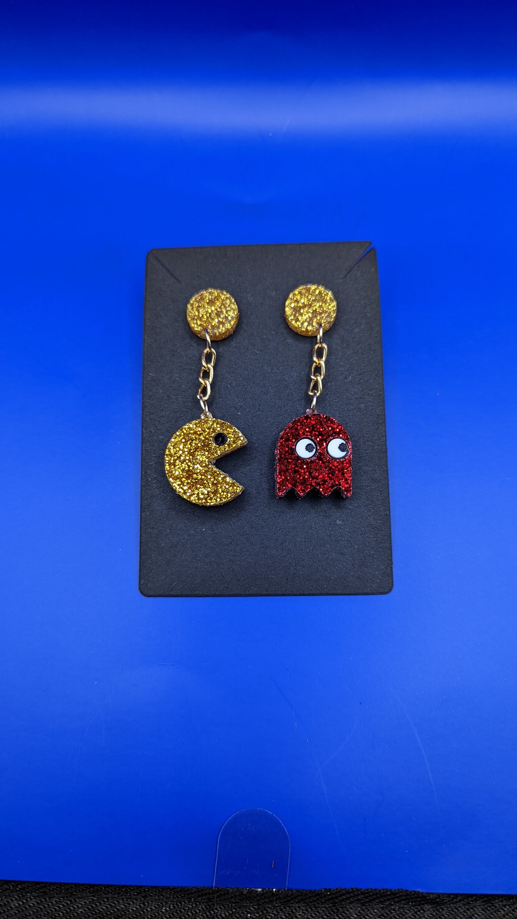 Pac-man Earrings With Gold Glitter and Red or Blue Famtomes of - Etsy
