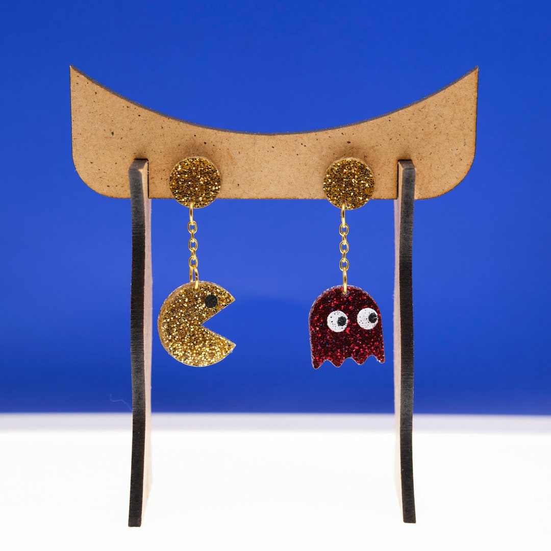 Pac-man Earrings With Gold Glitter and Red or Blue Famtomes of - Etsy