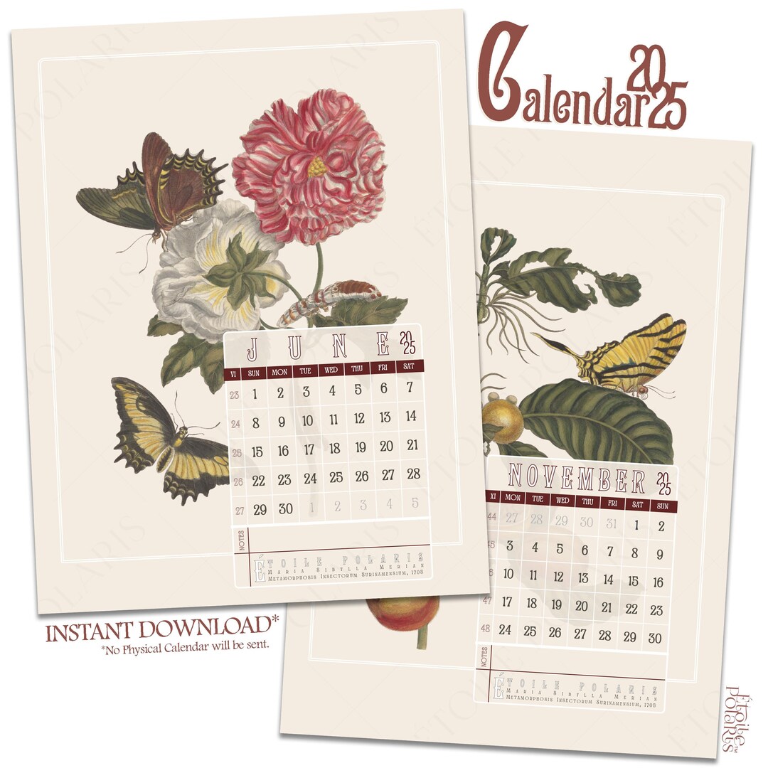 Calendario de mariposas 2025 Ilustraciones de insectos antiguos ...
