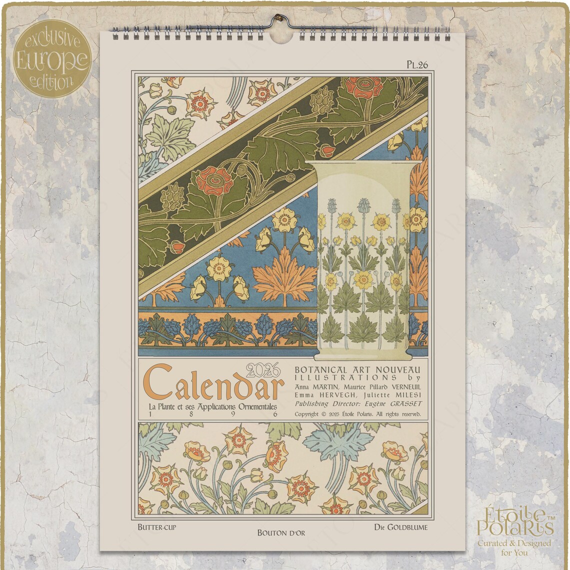 2026 Botanical Calendar : Art Nouveau Floral Monthly Planner, A3 ...