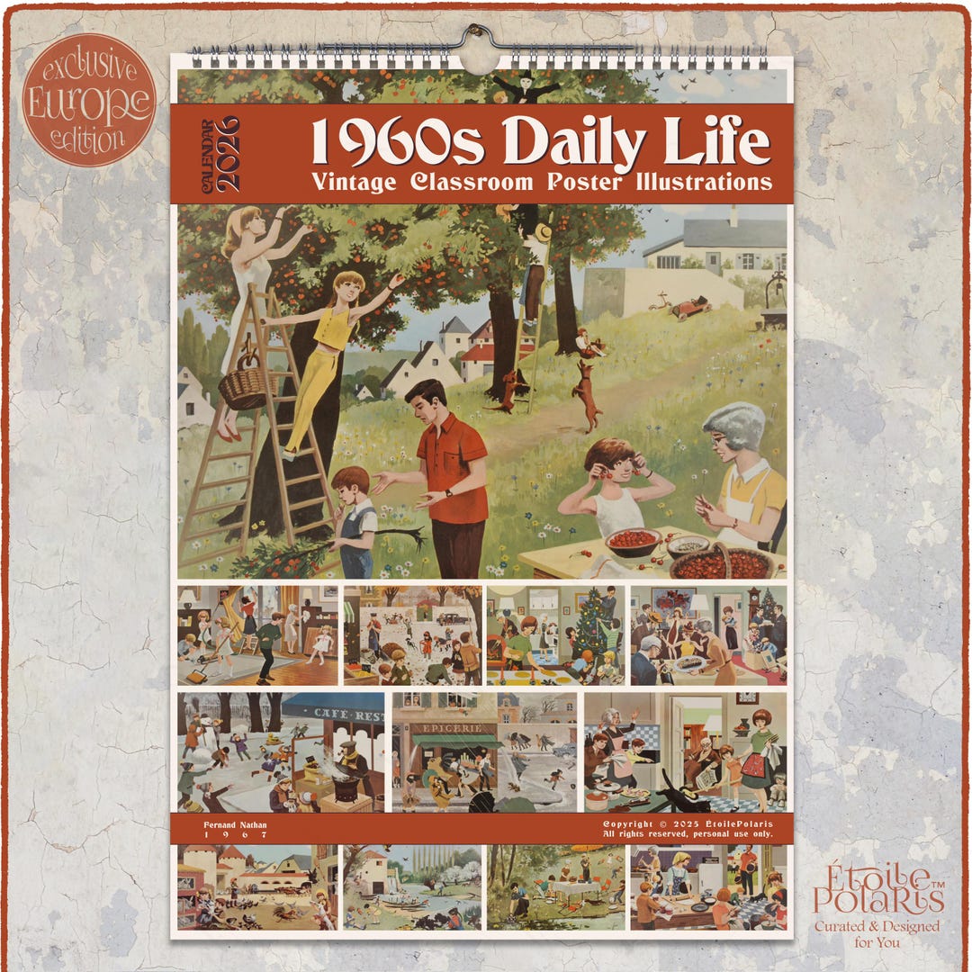 2026 Vintage French Calendar : 1960s Daily Life Illustrations, A3 ...