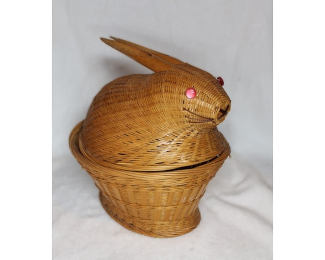 Vintage 1970s Wicker Easter Bunny Basket - Covered Easter Basket ...