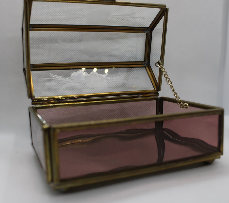Stained Glass Trinket Box Etched Flowers Design Hinged Glass Jewelry ...
