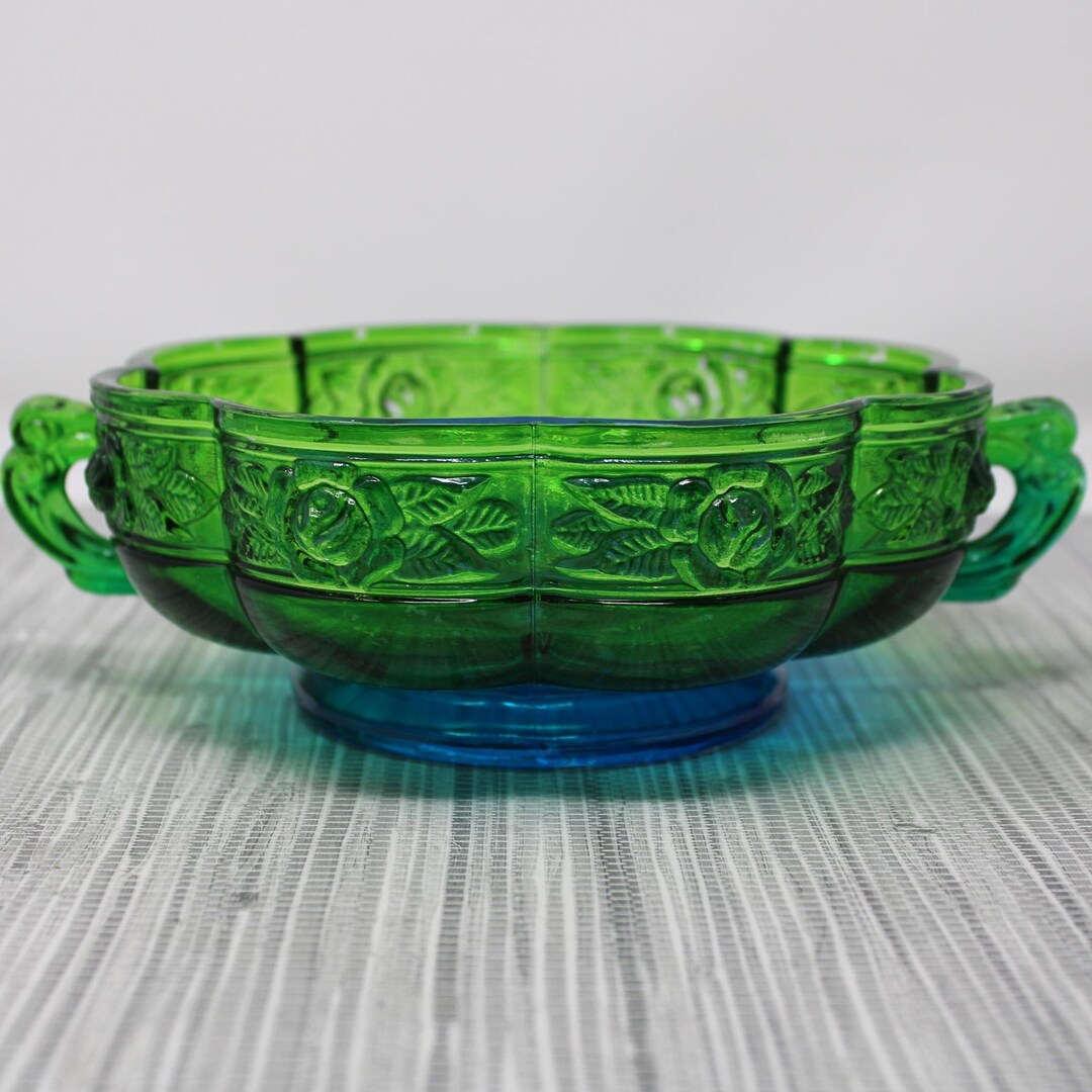 Vintage Jeanette Glass Aztec Rose Blue & Green Flash Spray Double ...