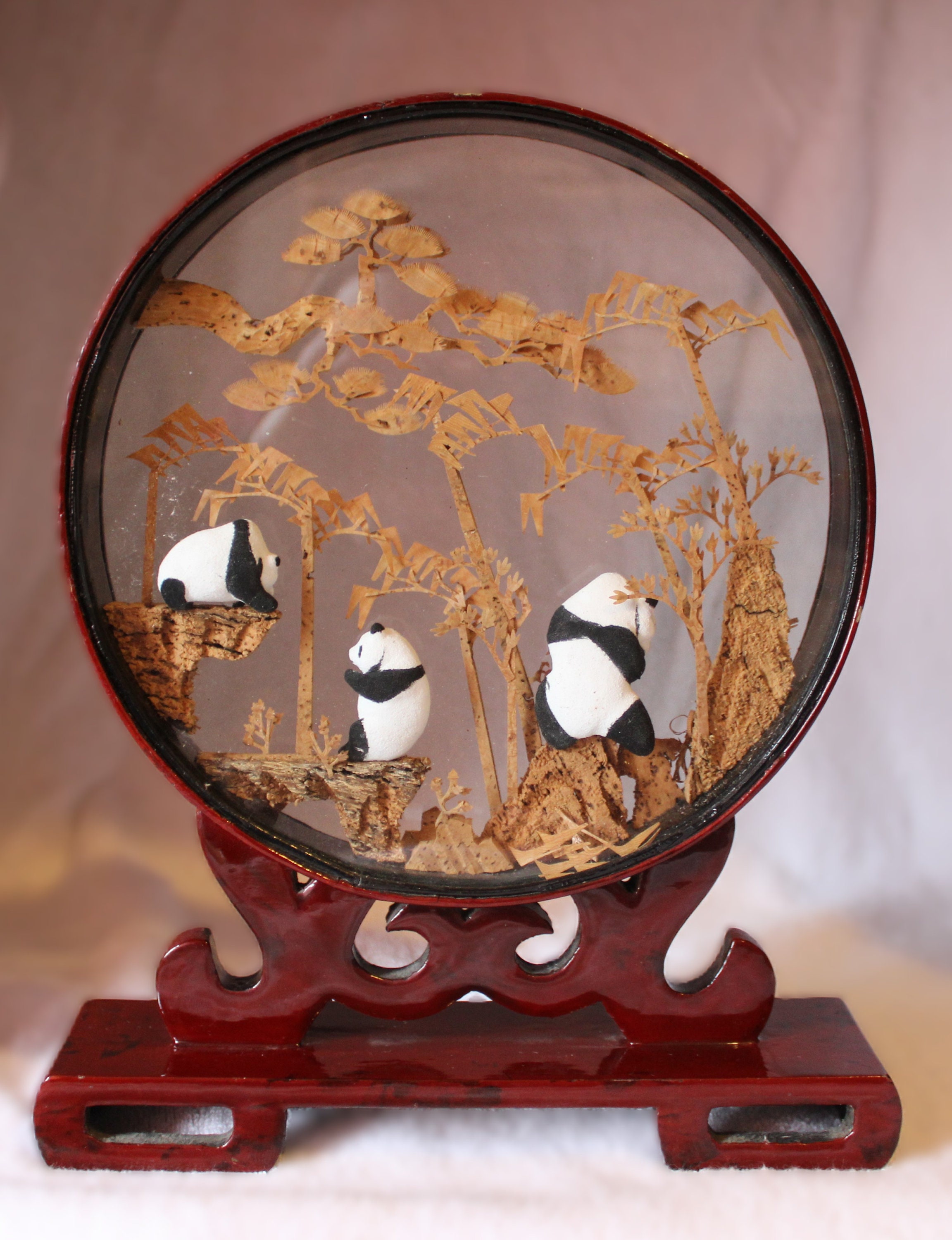 Vintage Chinese Cork Diorama With Panda Bears Carved Cork Diorama ...