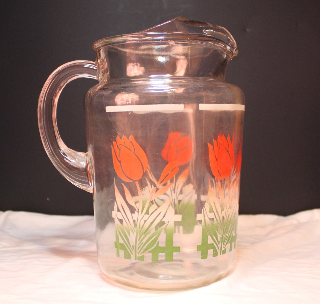 Vintage Clear Glass 1950's Drink Pitcher With Ice Lip Ft. Tulips and ...