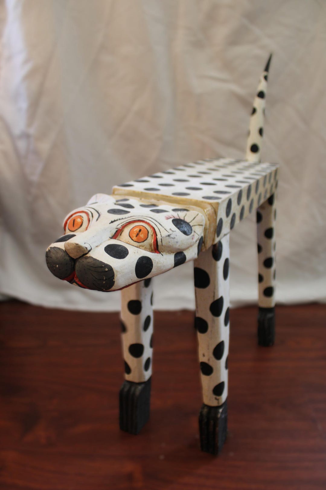 Vintage Hand Painted Folk Art Tiger Cat Plant Stand Bench - Polka Dot ...