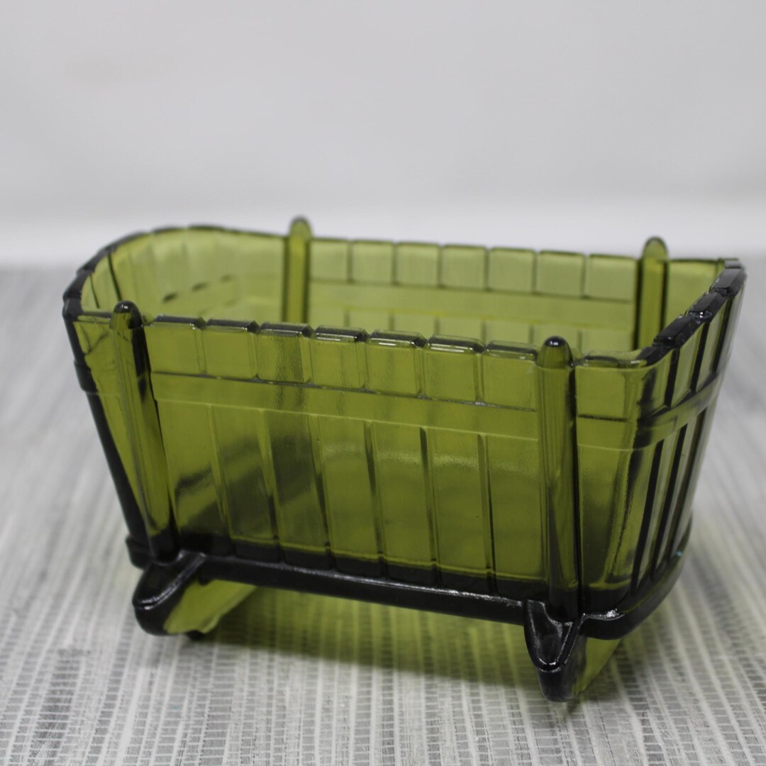 Vintage Indiana Glass Avocado Green Glass Baby Cradle Candy Dish ...
