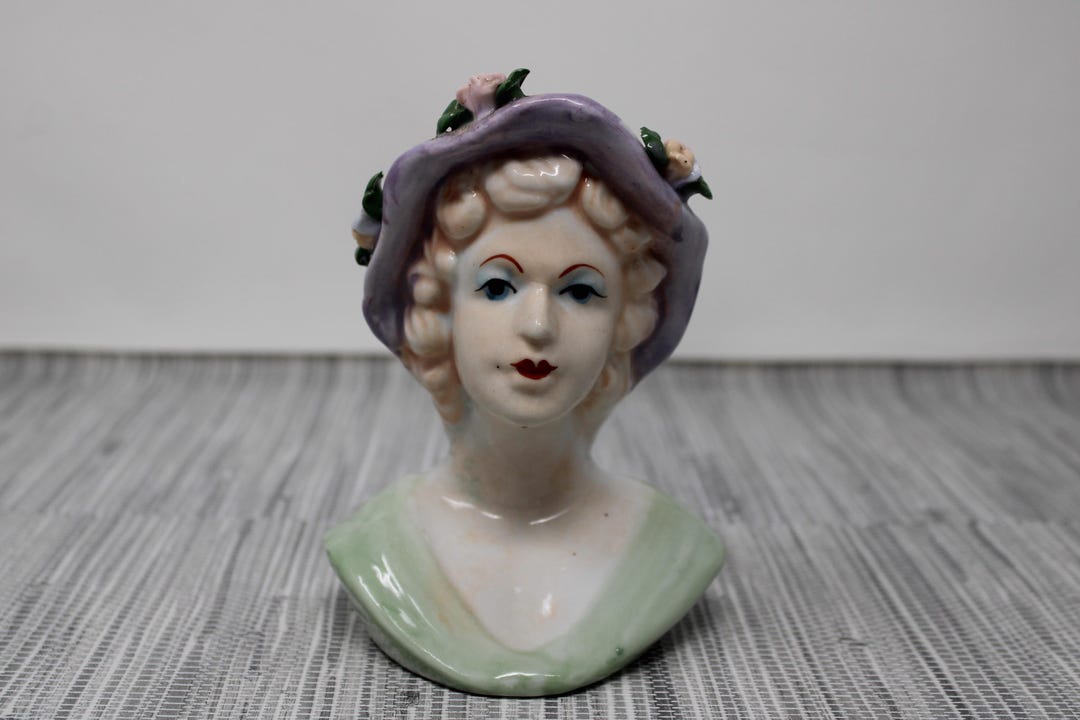 Vintage Lady Head Vase – Ceramic Bust Planter, Purple Floral Hat - Etsy