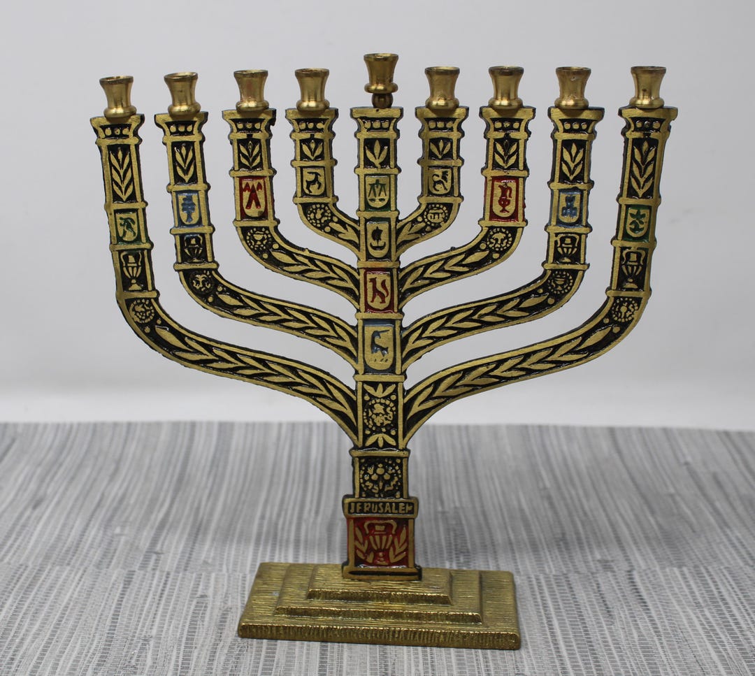 Vintage Twelve Tribes of Israel Menorah - Traditional 9 Branch Brass Jerusalem Menorah ...