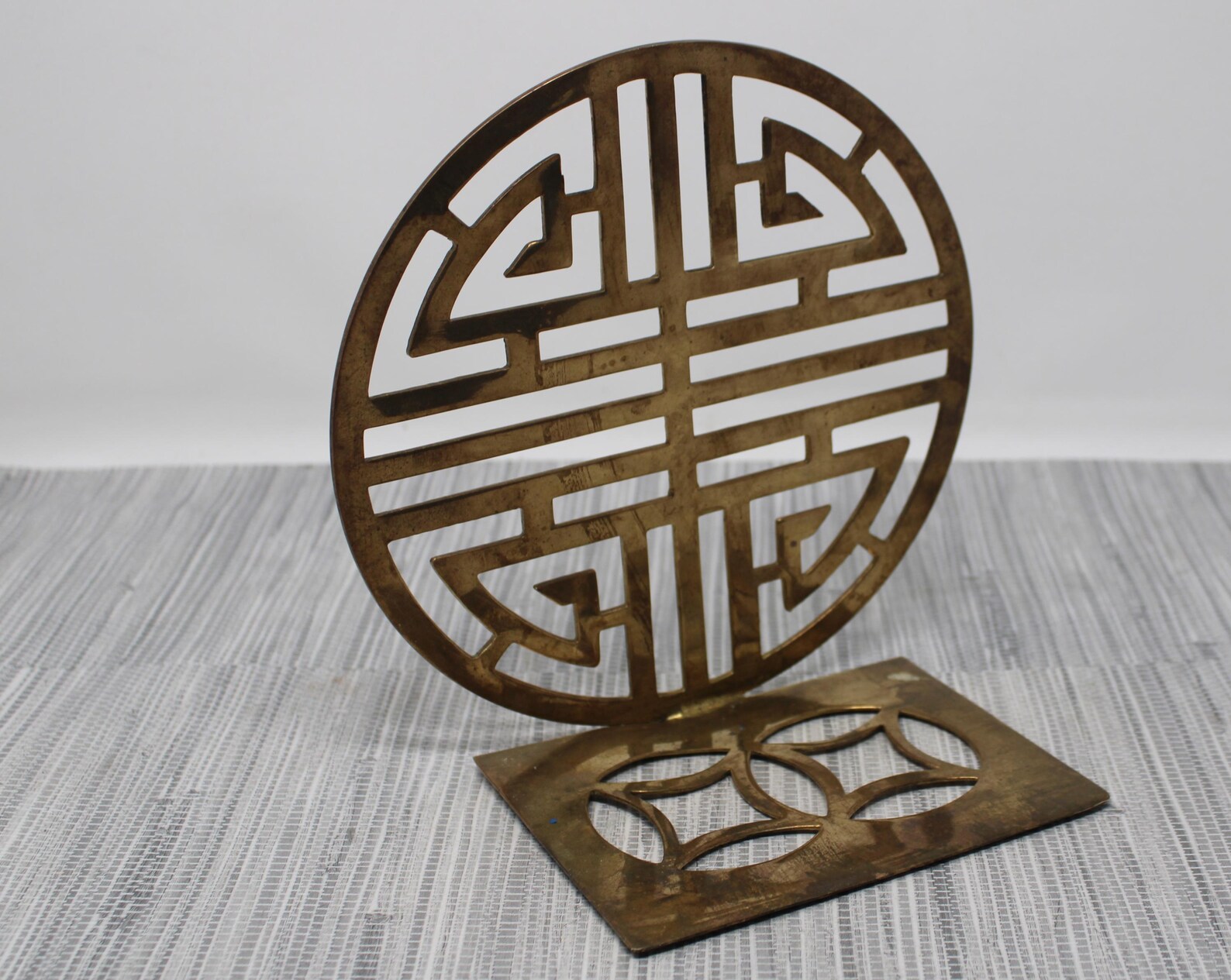 Vintage Brass Chinese Shou Symbol Longevity Bookend - Geometric Design ...