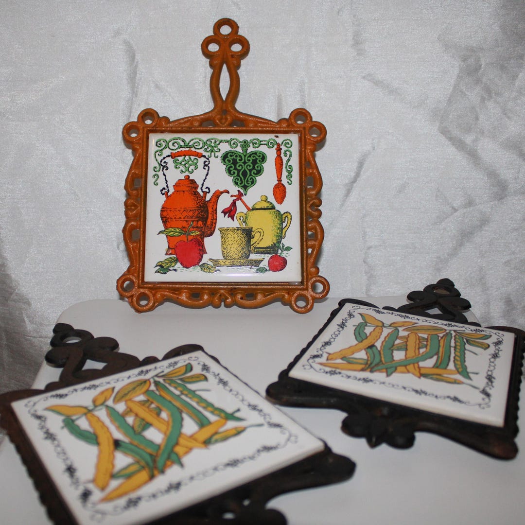 Set of 3 Vintage Cast Iron and Tile Trivets, 2 Ft. Yellow and Green ...