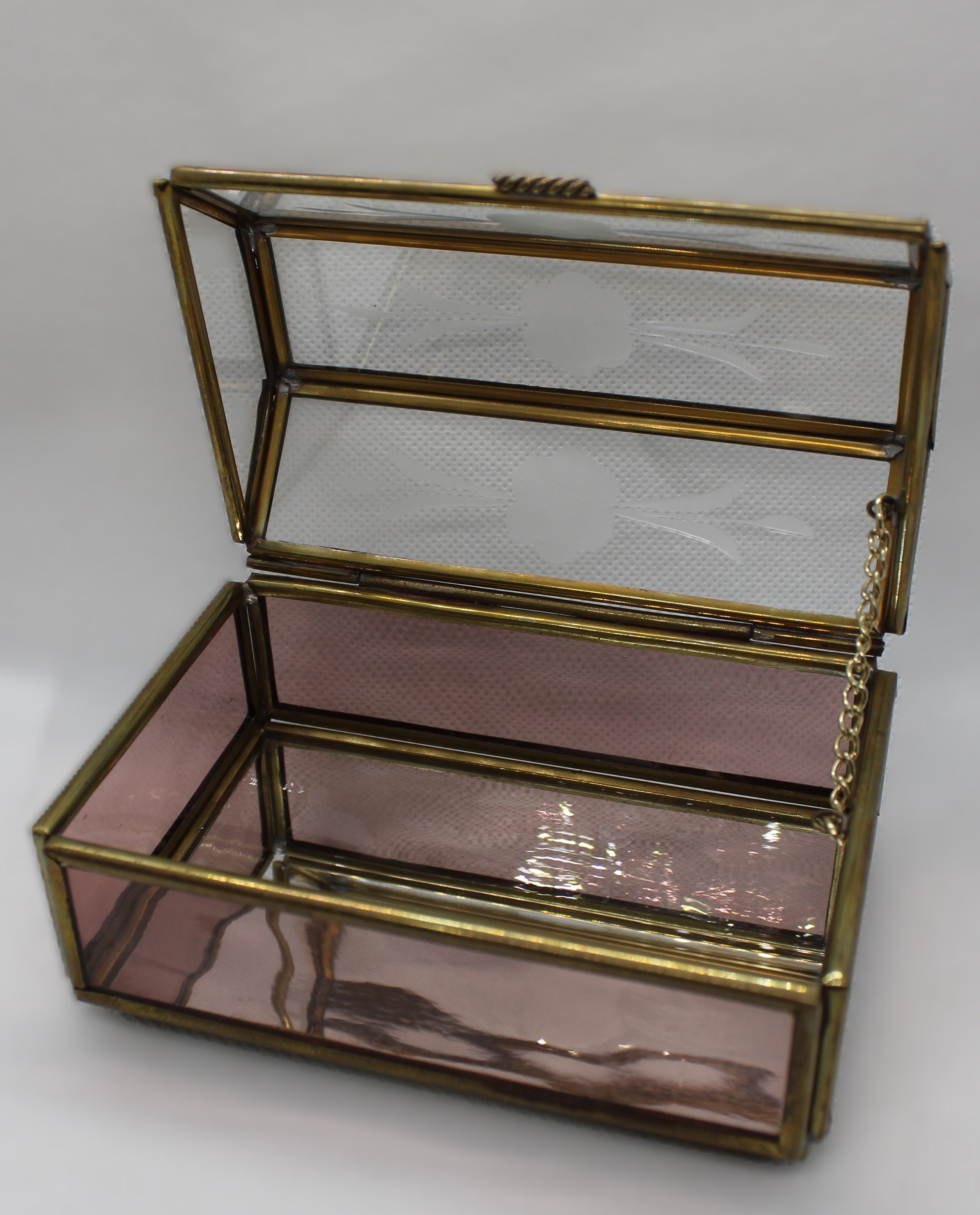 Stained Glass Trinket Box Etched Flowers Design Hinged Glass Jewelry ...