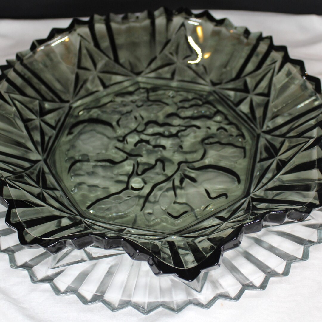 Federal Glass Smoke Colored Glass Ruffled Bowl and Clear Glass Plate ...