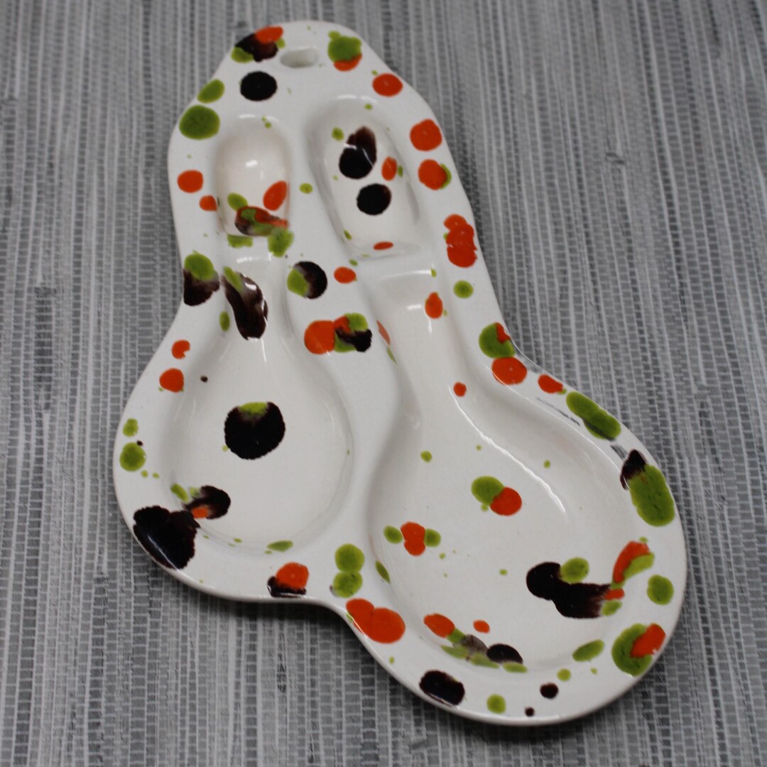 Vintage MCM Multi Glaze Splatter Ceramic Handmade Spoon Rest - Double ...
