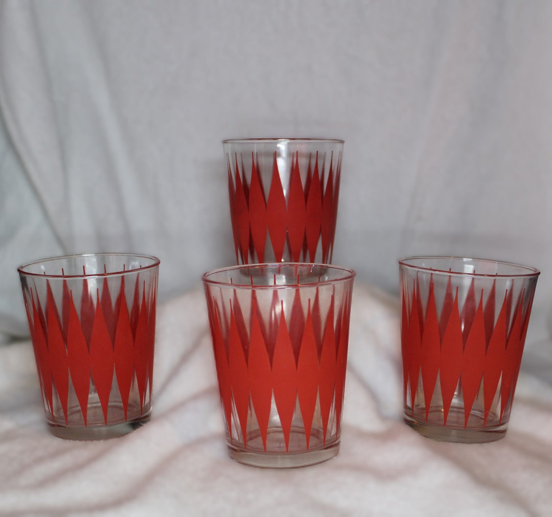 Set of 4 Vintage MCM Atomic Red Diamonds Lowball Glasses Mid Century ...