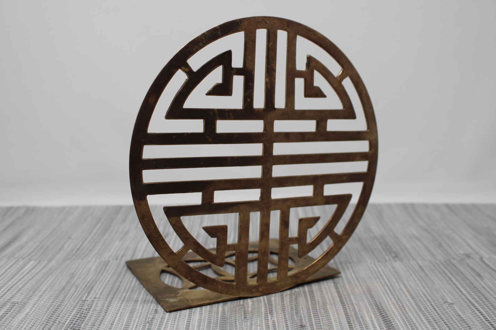 Vintage Brass Chinese Shou Symbol Longevity Bookend - Geometric Design ...