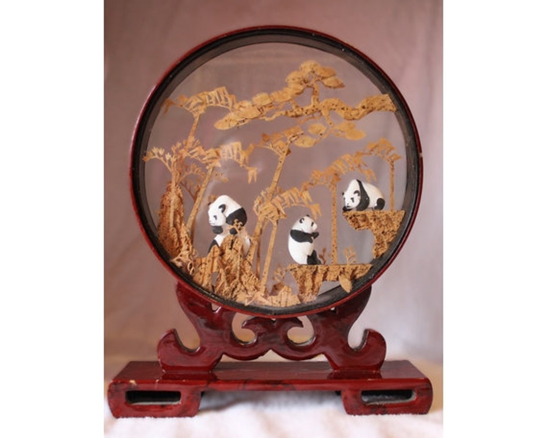 Vintage Chinese Cork Diorama With Panda Bears Carved Cork Diorama ...