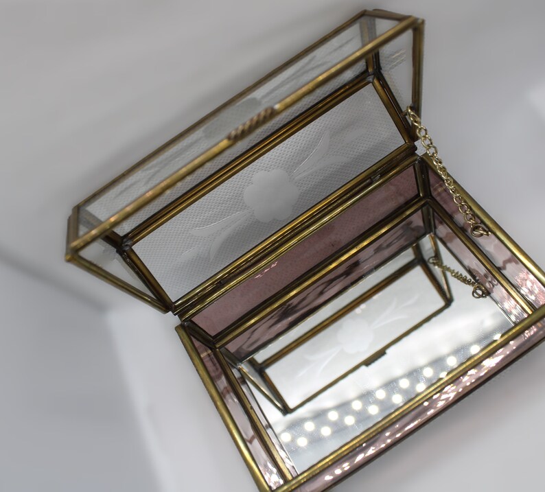 Stained Glass Trinket Box Etched Flowers Design Hinged Glass Jewelry ...